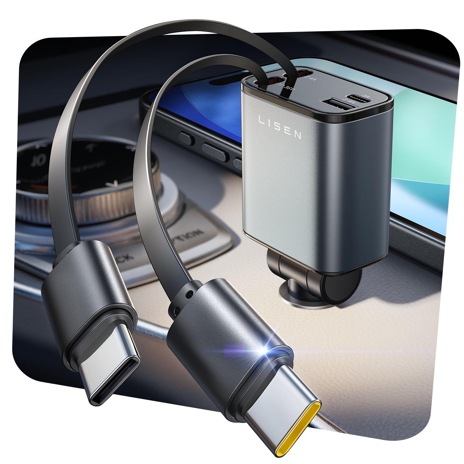 4 IN 1 Magnetic Retractable Fast Car Charger | For iPhone and Typc C ...